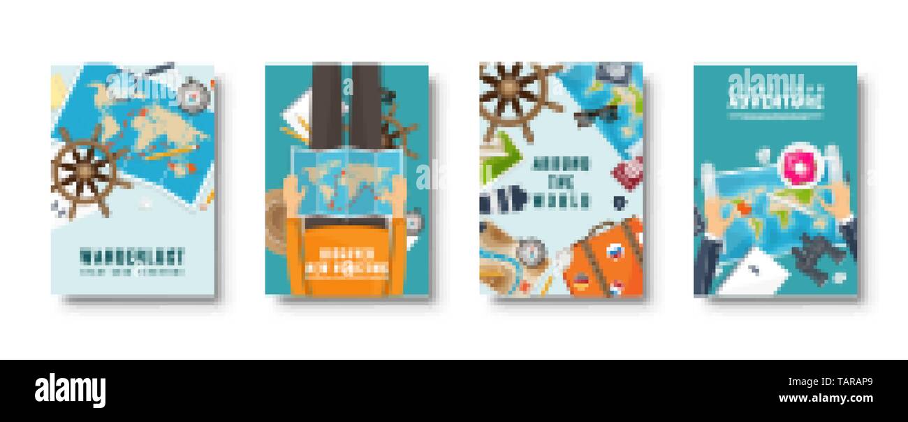 Travel and tourism flat style covers set. World, earth map navigation ...