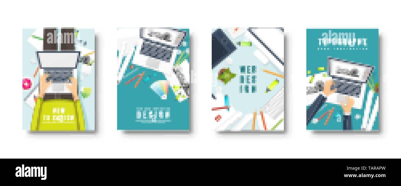 Graphic and web design. Flat style covers set. Designer workplace with ...