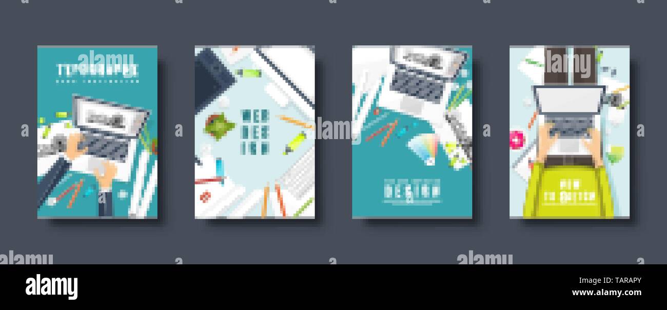 Graphic and web design. Flat style covers set. Designer workplace with ...