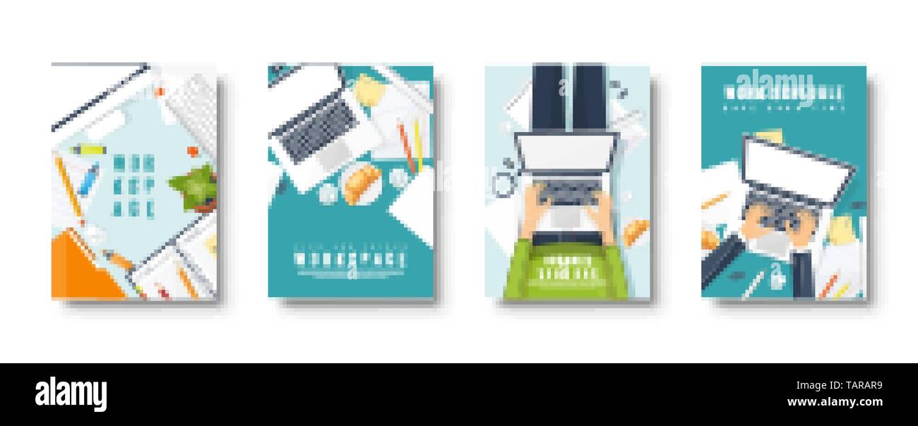 Workplace flat style covers set. Laptop, documents and papers ...