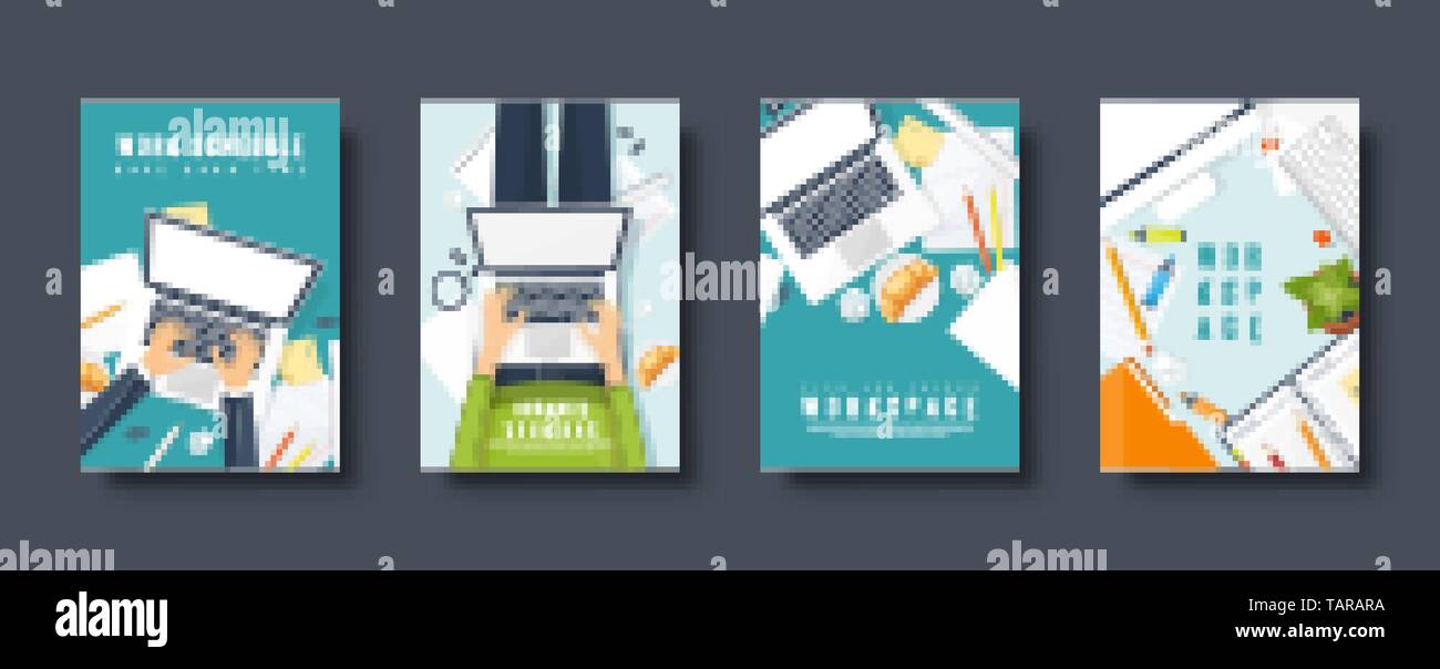 Workplace flat style covers set. Laptop, documents and papers ...