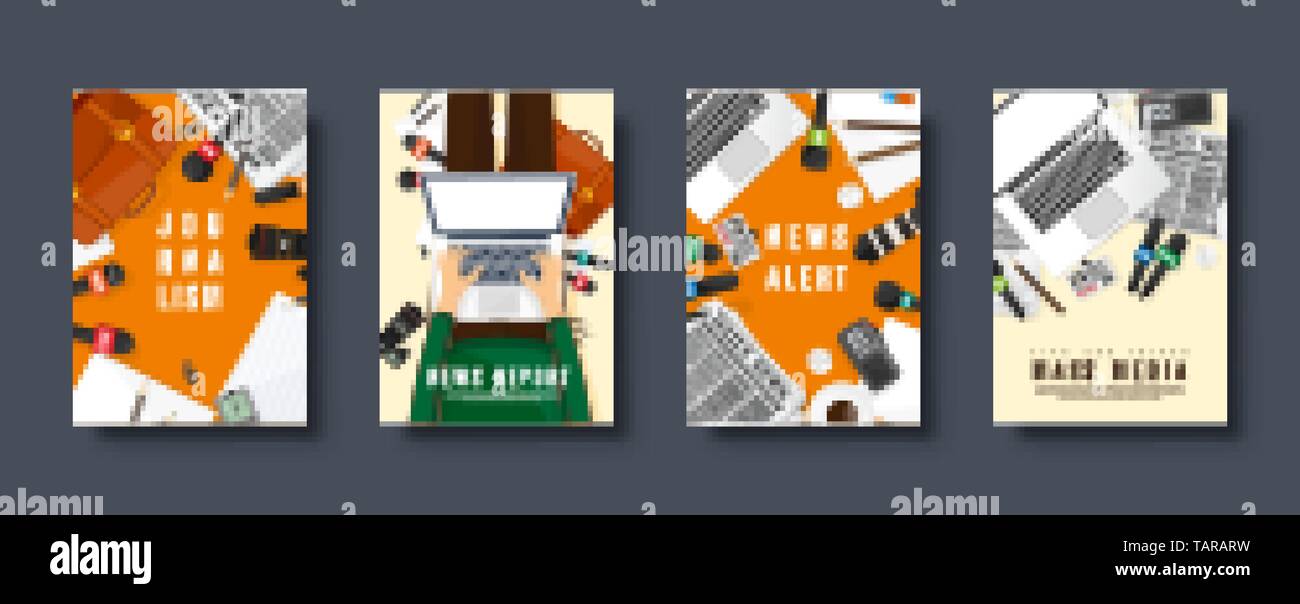 Mass media flat style covers set. Press conference with correspondent ...