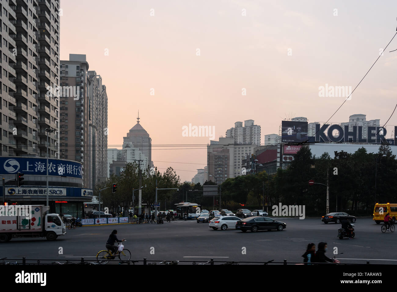 Evening Street Scene in Shanghai China with Houses and Shops Stock ...