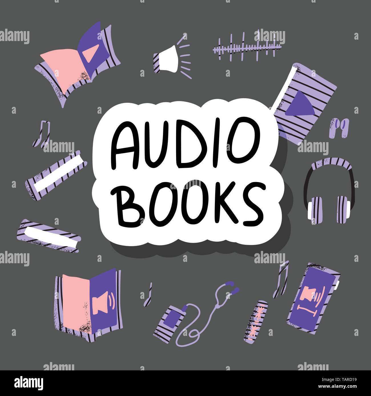 Audiobooks concept. Set of audio book symbols with sticker lettering ...