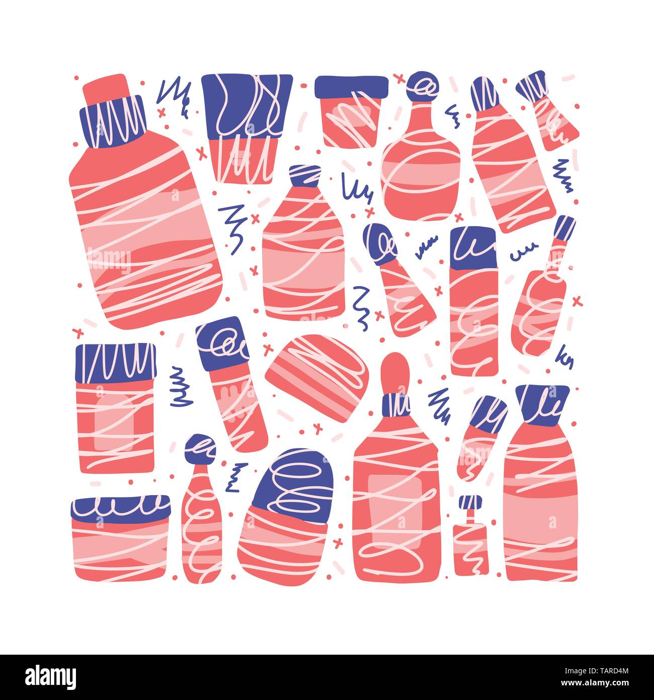 Hygiene vials, tubes and packages in flat style. Set of beauty supplies ...