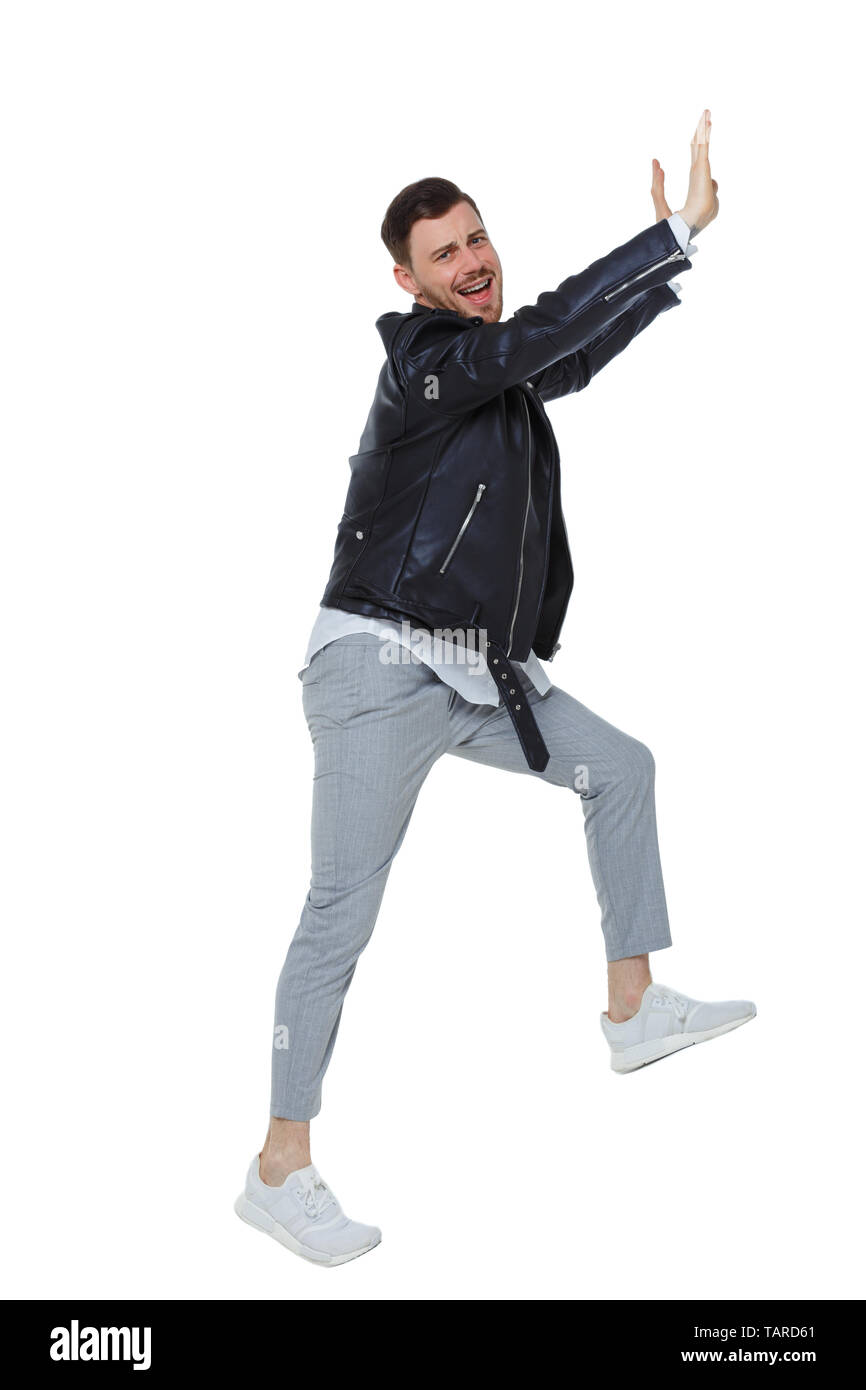 back view of man pushes wall. Isolated over white background. Rear view ...