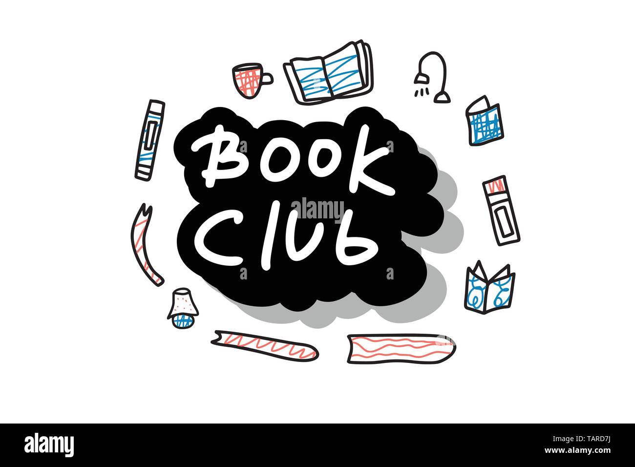 Book set in doodle style. Book club concept. Symbols of reading on ...