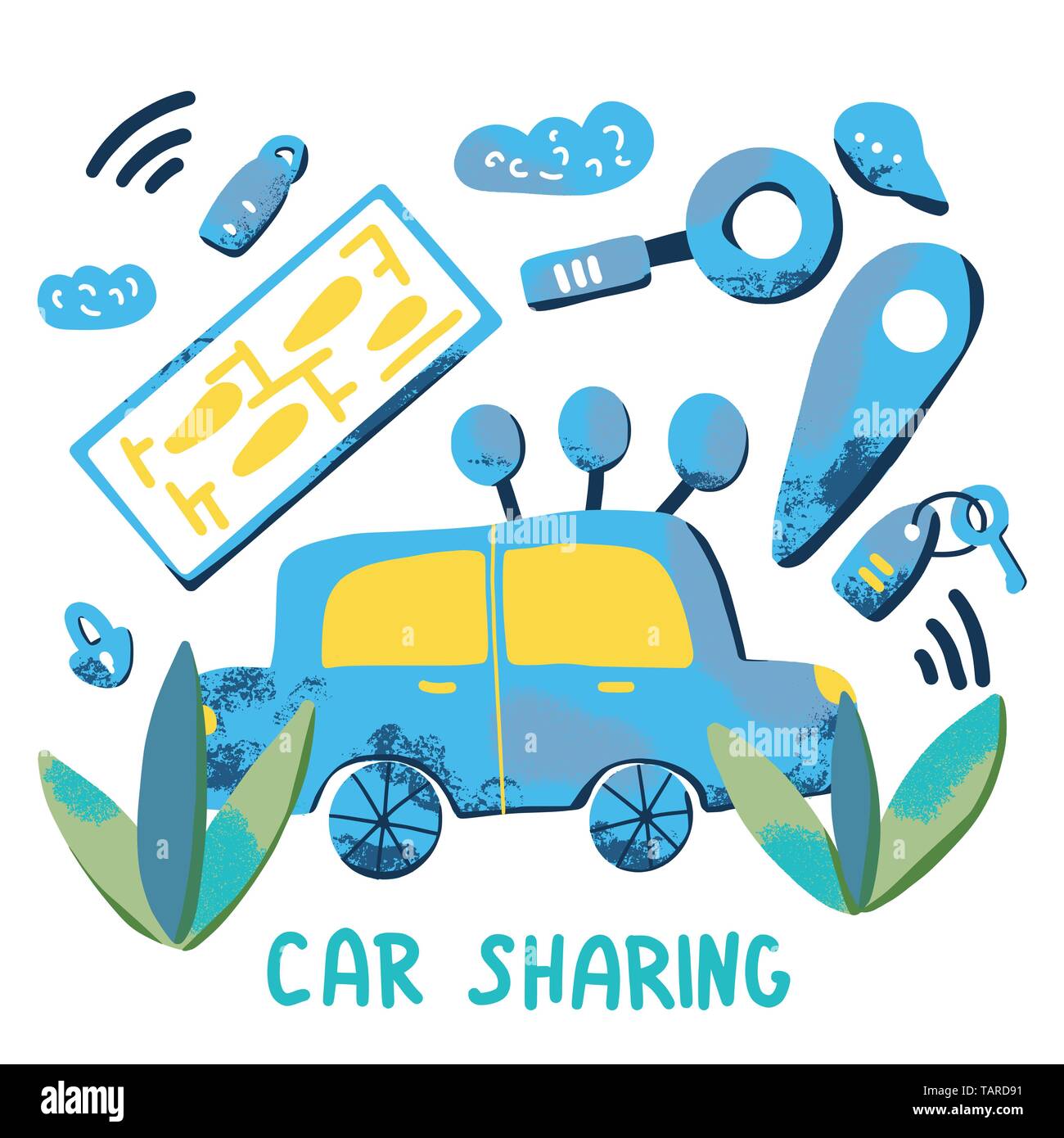 Car sharing concept. Hand lettering with symbols. Vector illustration ...
