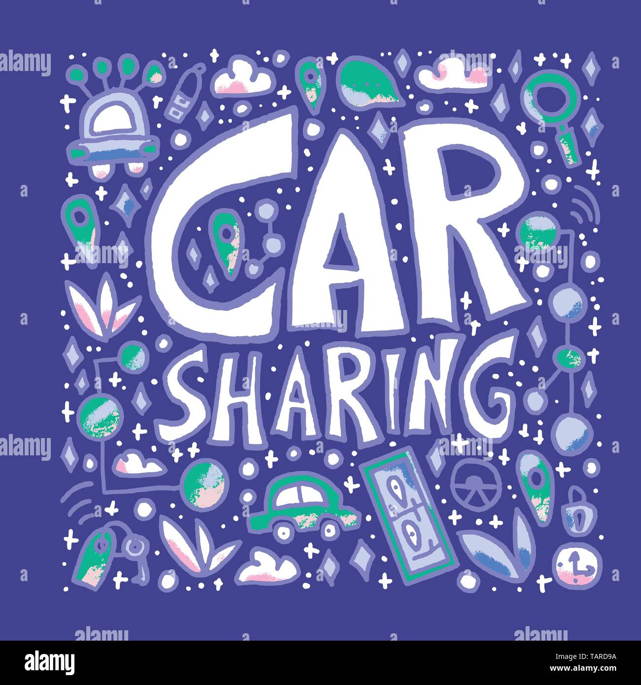 Car sharing concept. Hand lettering with symbols. Vector illustration ...