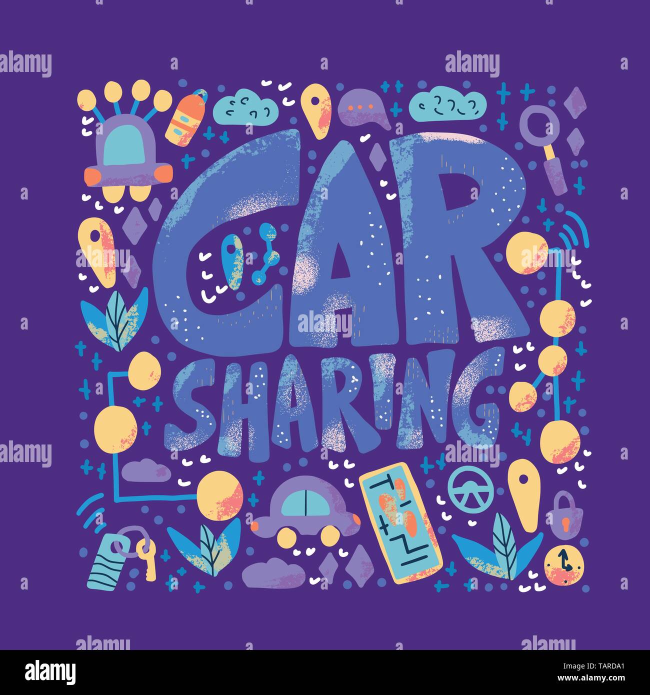 Car sharing card. Hand lettering with symbols poster. Vector ...