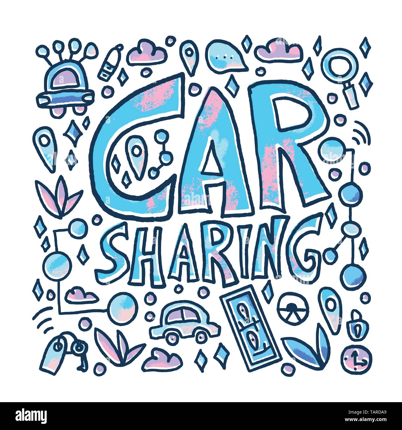 Car sharing poster. Hand lettering with symbols. Vector illustration ...