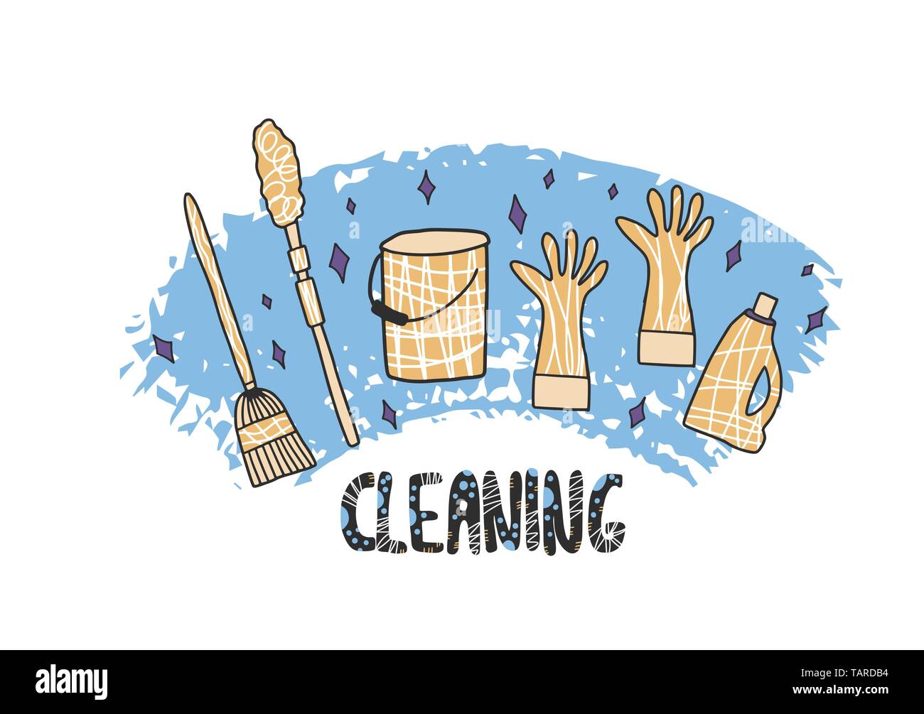 Cleaning tools with lettering. Vector set of cleaning equipment ...