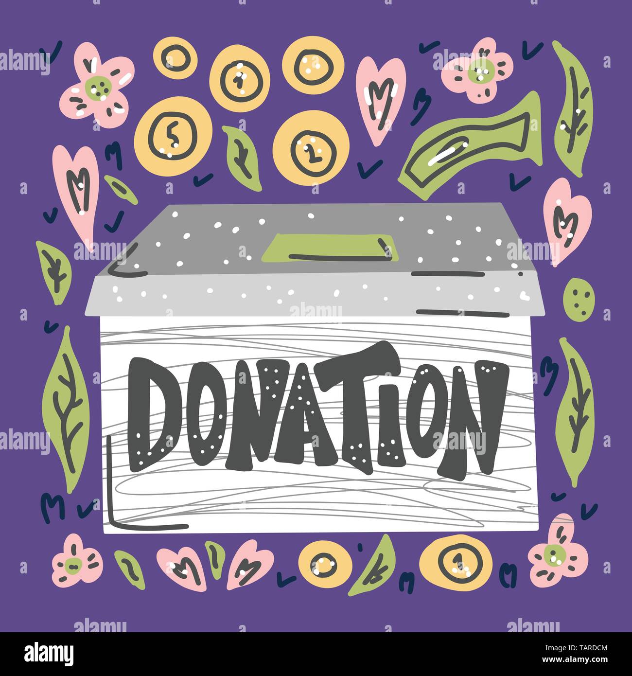 Vector Donation box concept in flat style. Donate lettering with coin ...