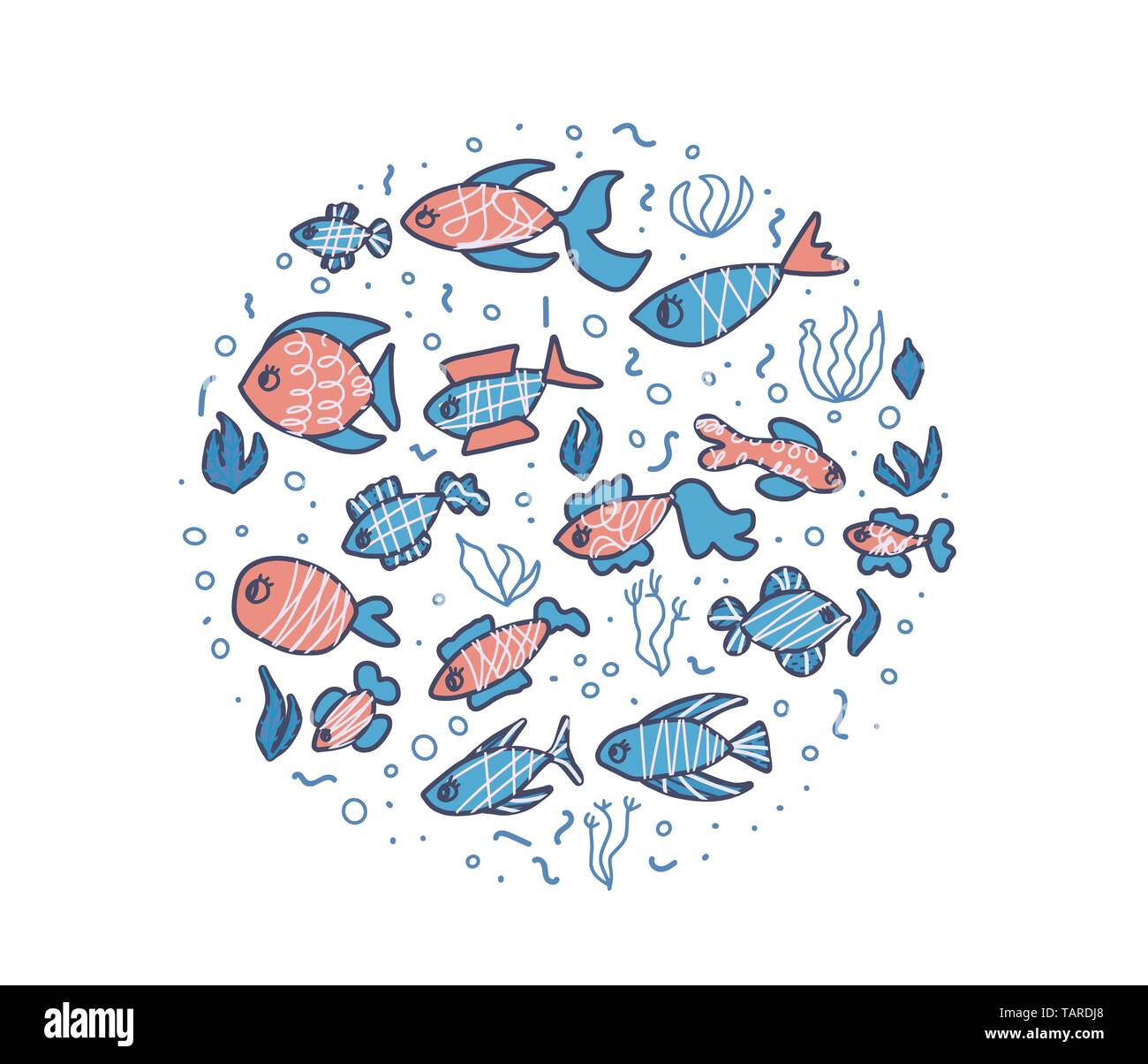 Fish collection isolated. Round badge of cute aquarium fish characters ...
