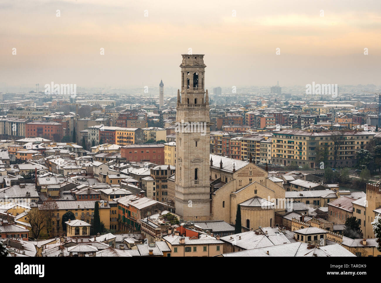 Cityscape of Verona in winter with snow. The Cathedral, Santa Maria ...