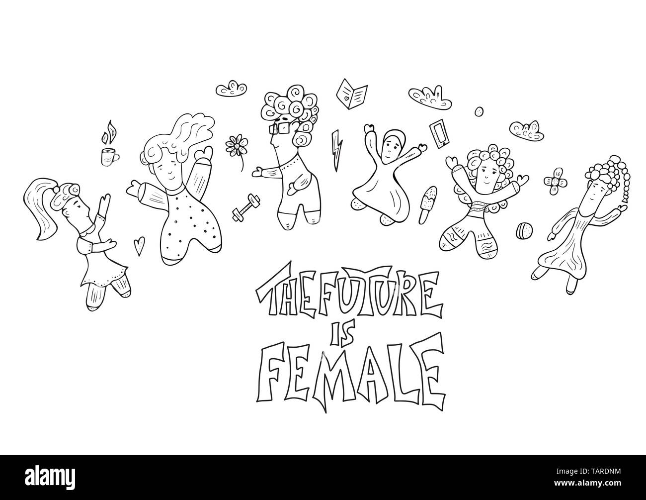 The future is female concept. Hand drawn quote with girls characters ...