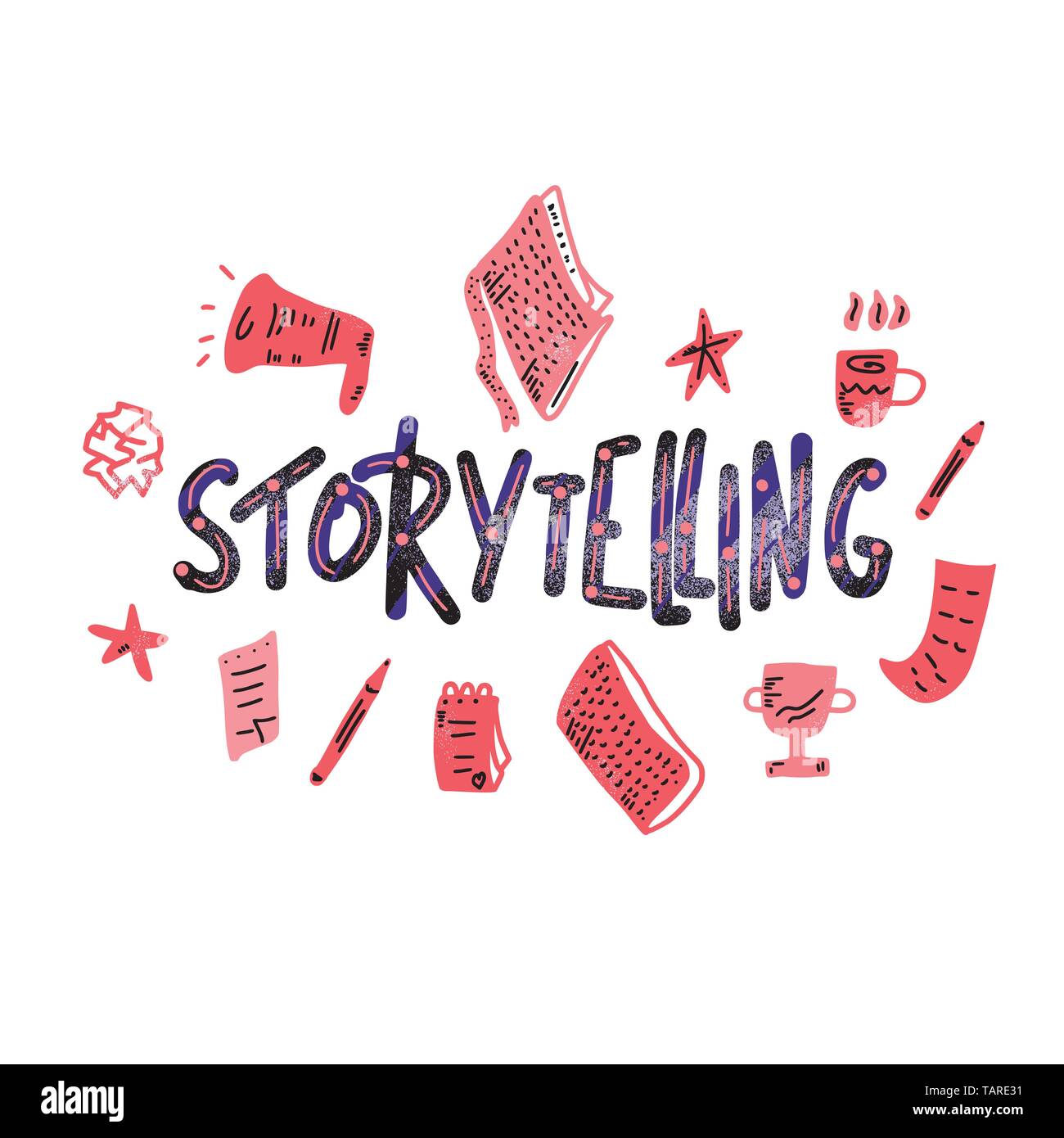 Storytelling concept. Handwritten lettering with hand drawn decoration ...