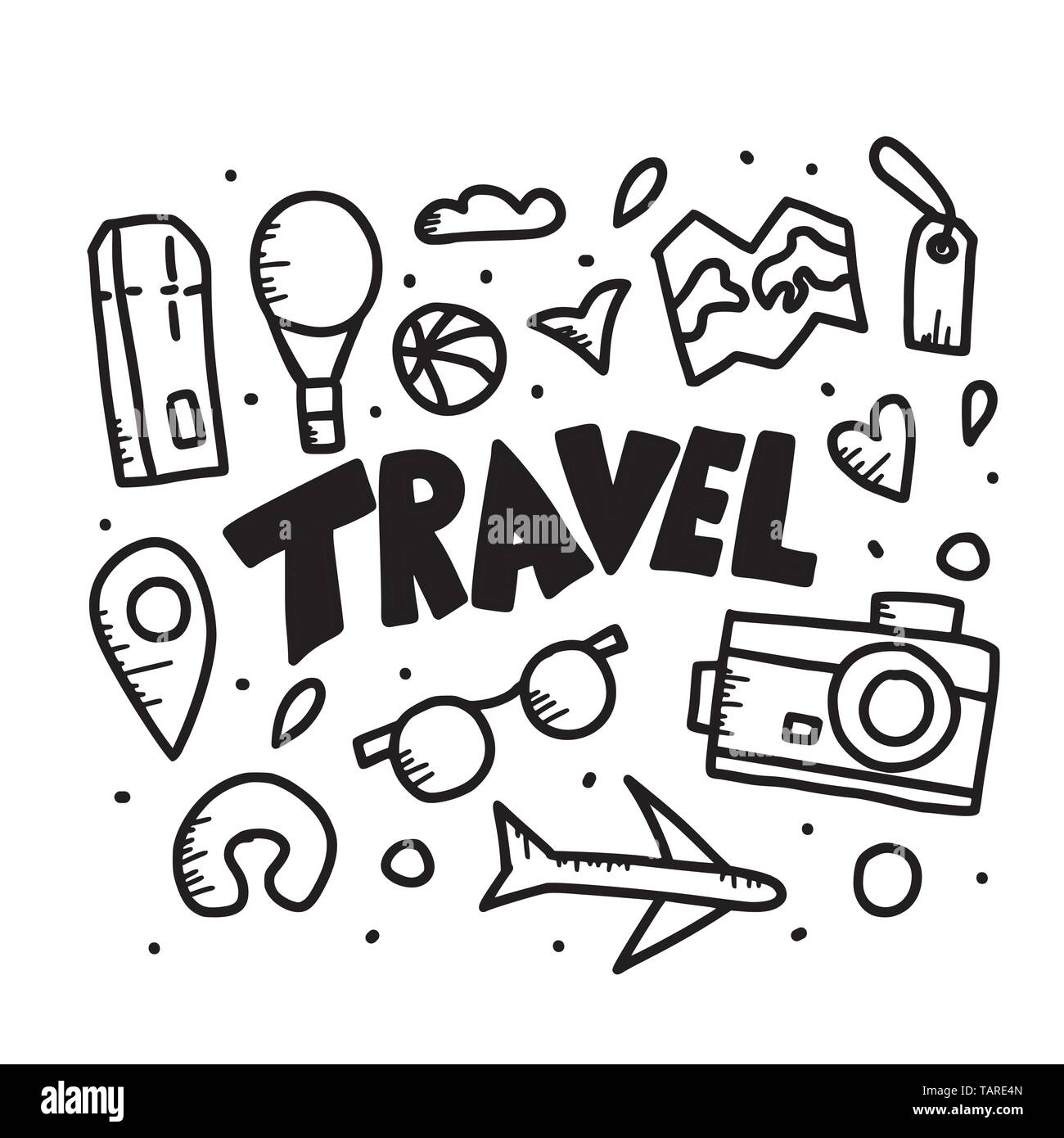 Travel lettering and symbols in doodle style. Hand drawn vector trip ...