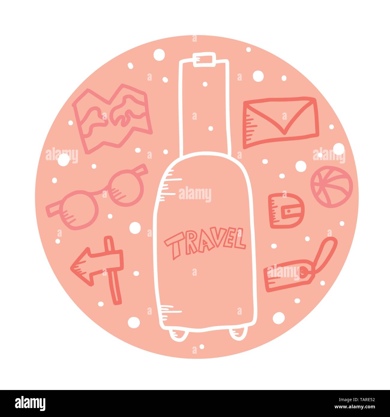 Round badge of travel symbols in doodle style. Hand drawn vector trip ...