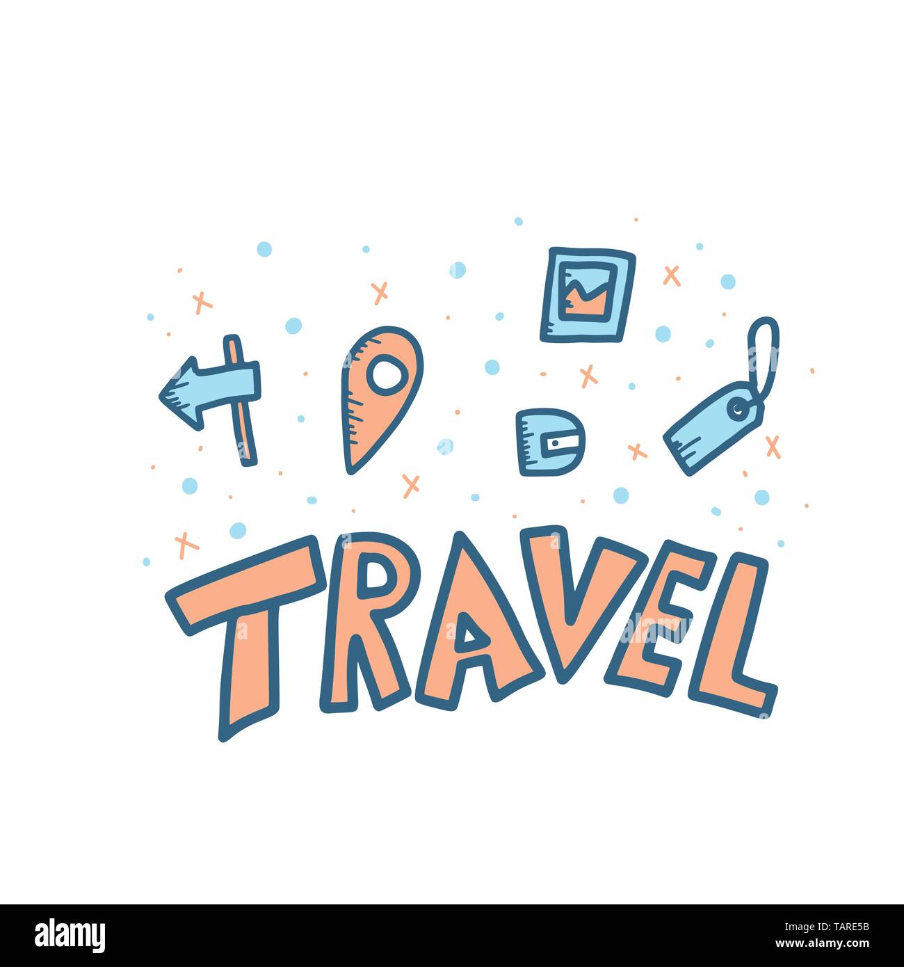 Set of travel symbols in doodle style. Hand drawn vector trip elements ...