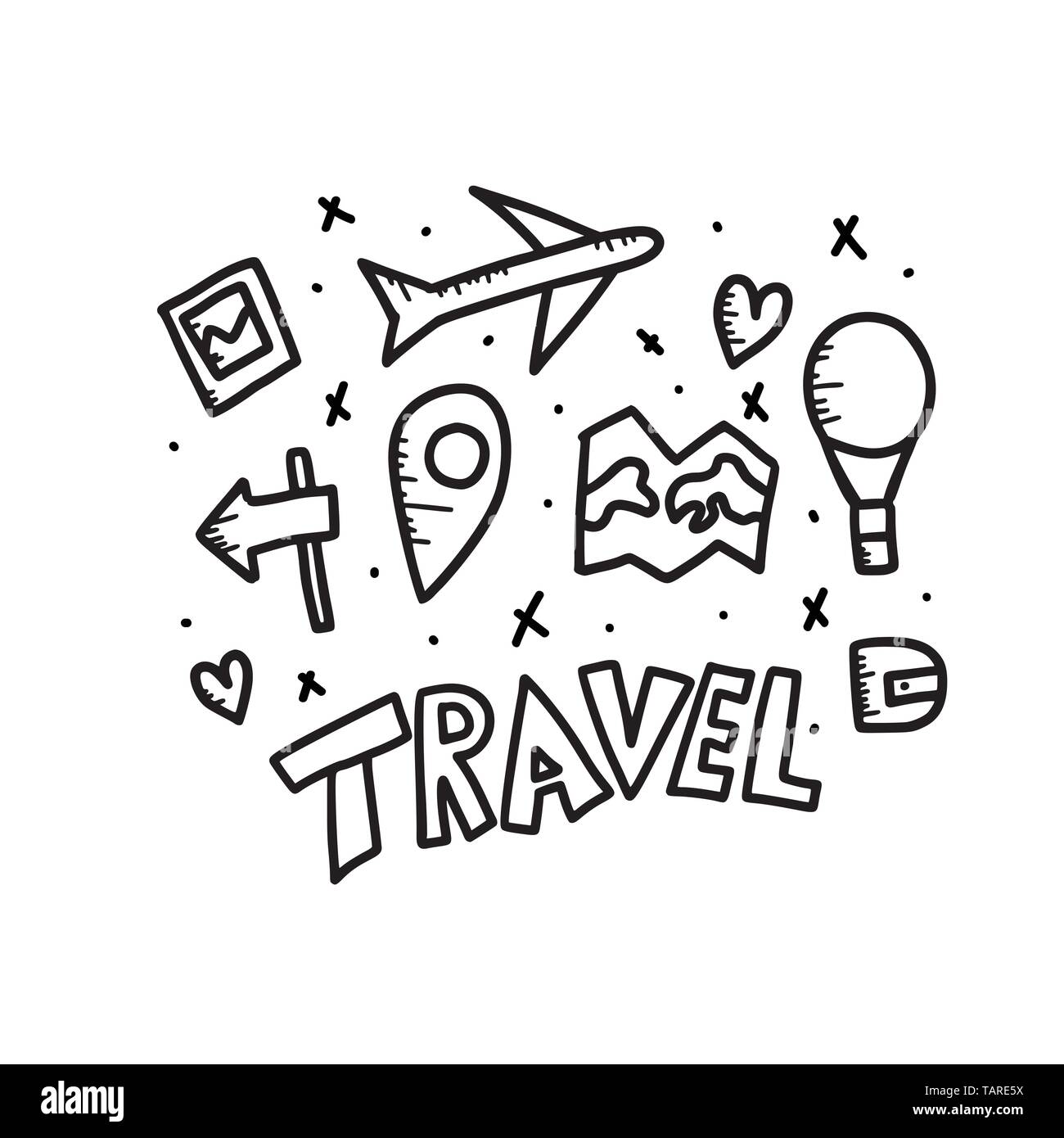 Set of travel symbols and lettering in doodle style. Hand drawn vector ...