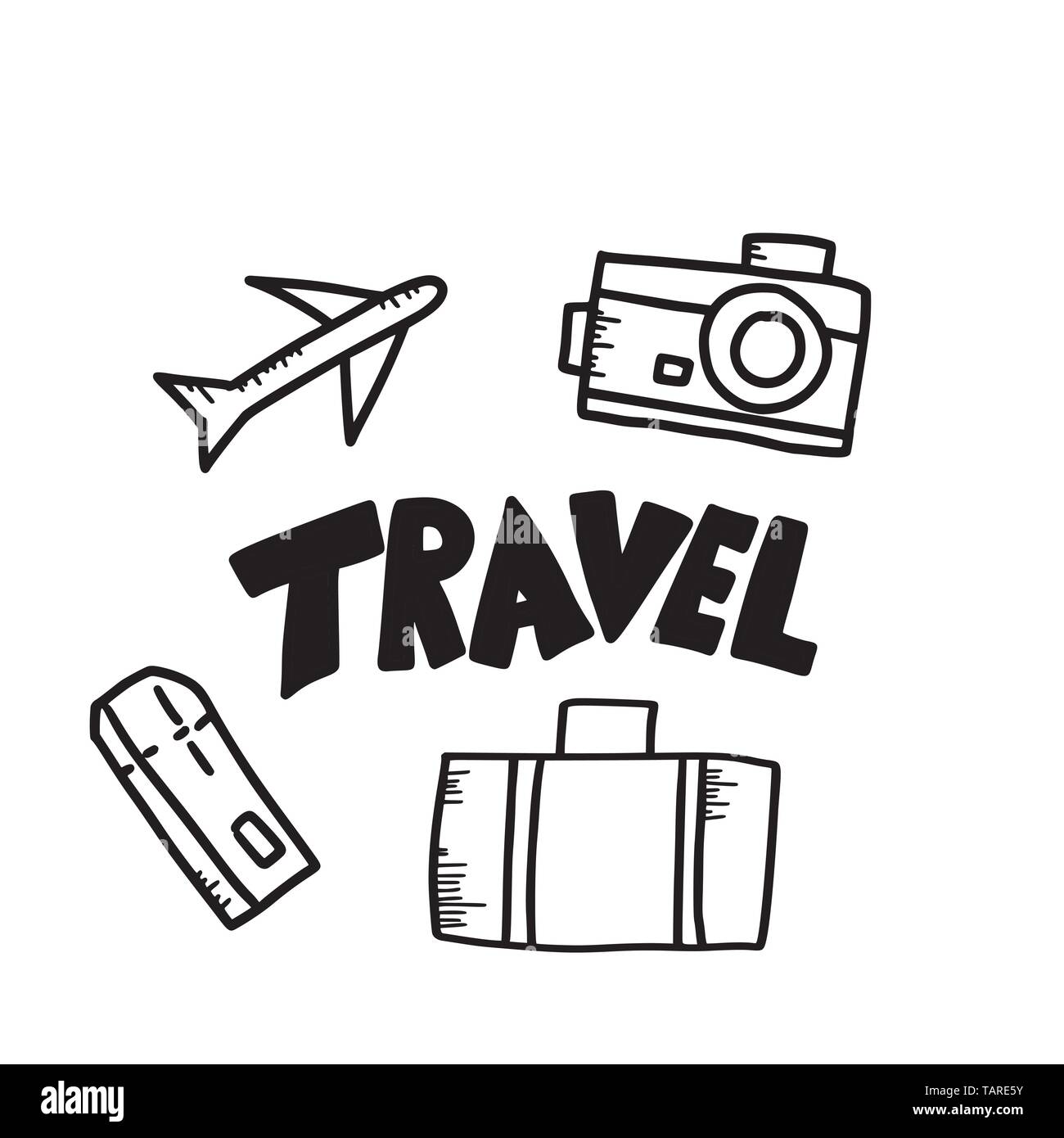 Set of travel symbols in doodle style. Hand drawn vector trip elements ...