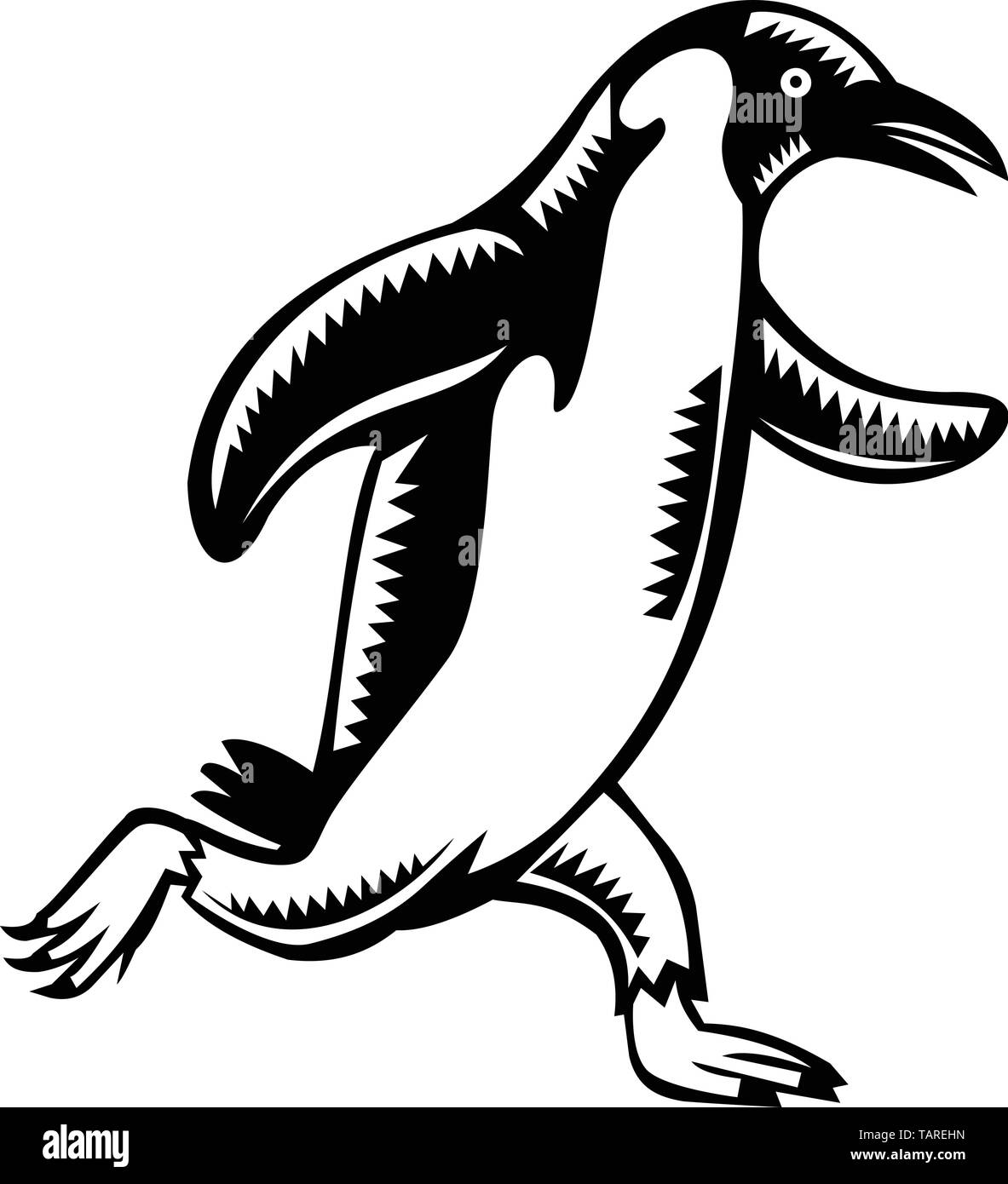 Retro woodcut style illustration of a gentoo penguin marathon runner ...