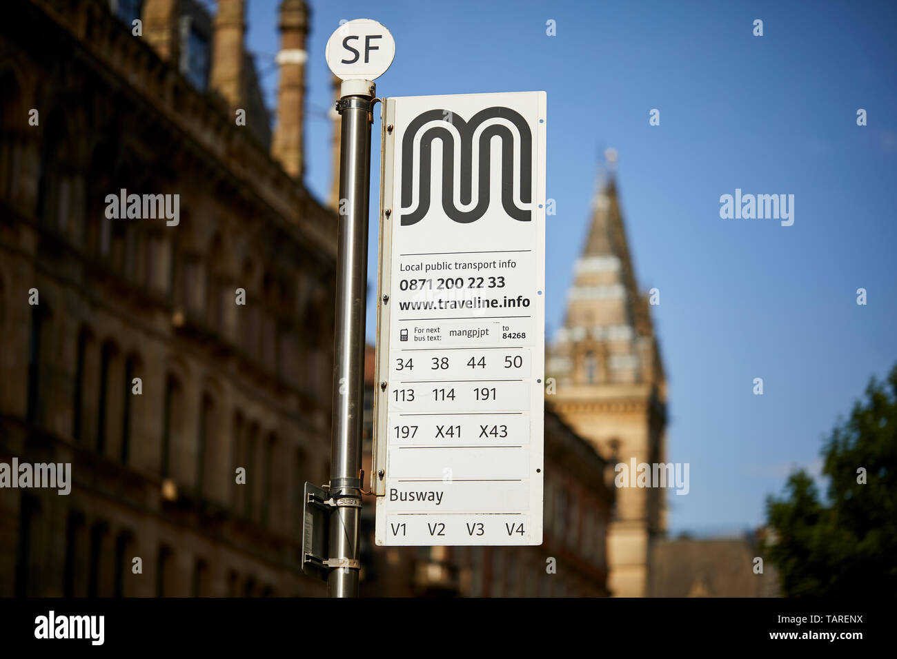 Manchester modernist M logo bus stop sign in Manchester city centre ...