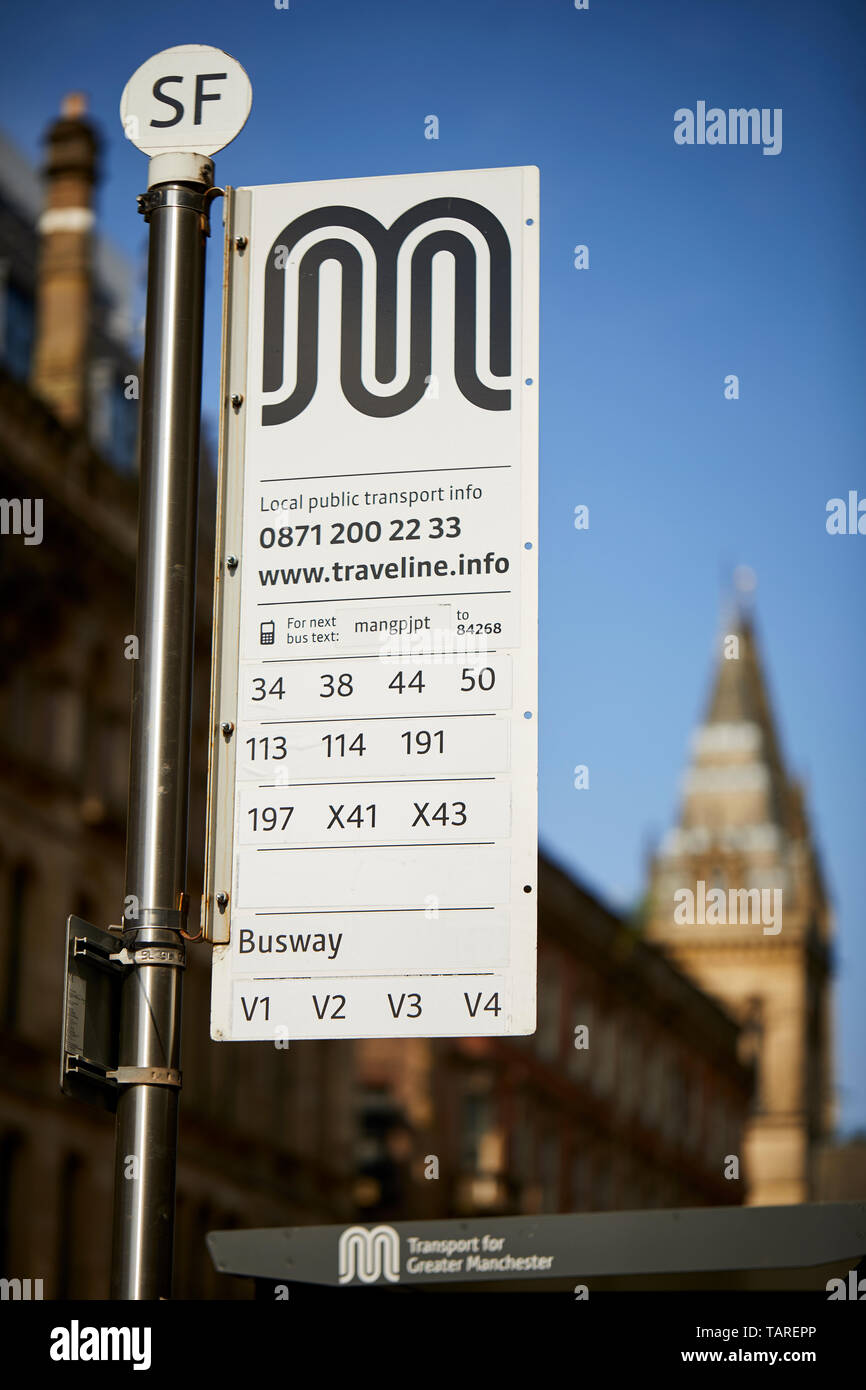 Manchester modernist M logo bus stop sign in Manchester city centre ...