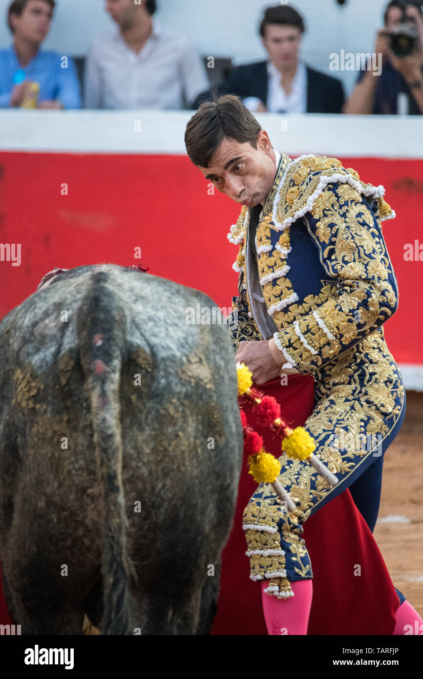 Spanish bullfighter Paco Urena performs with a bull at the Plaza de ...
