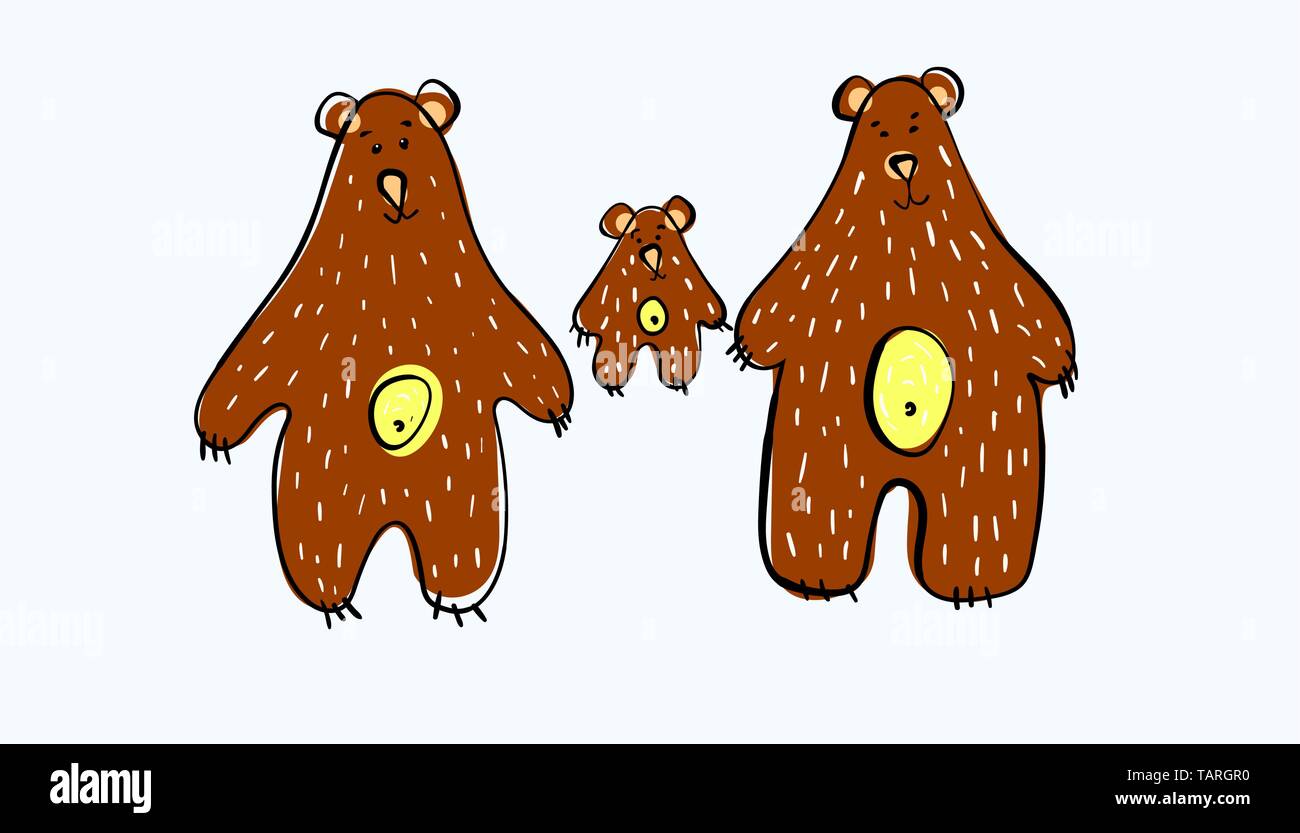 Doodle vector illustration. Bear family. Three brown bears with yellow ...