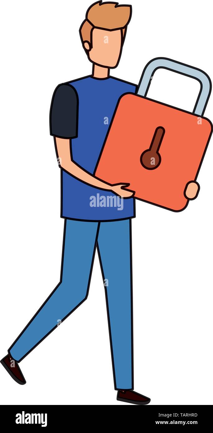 young man lifting padlock character Stock Vector Image & Art - Alamy