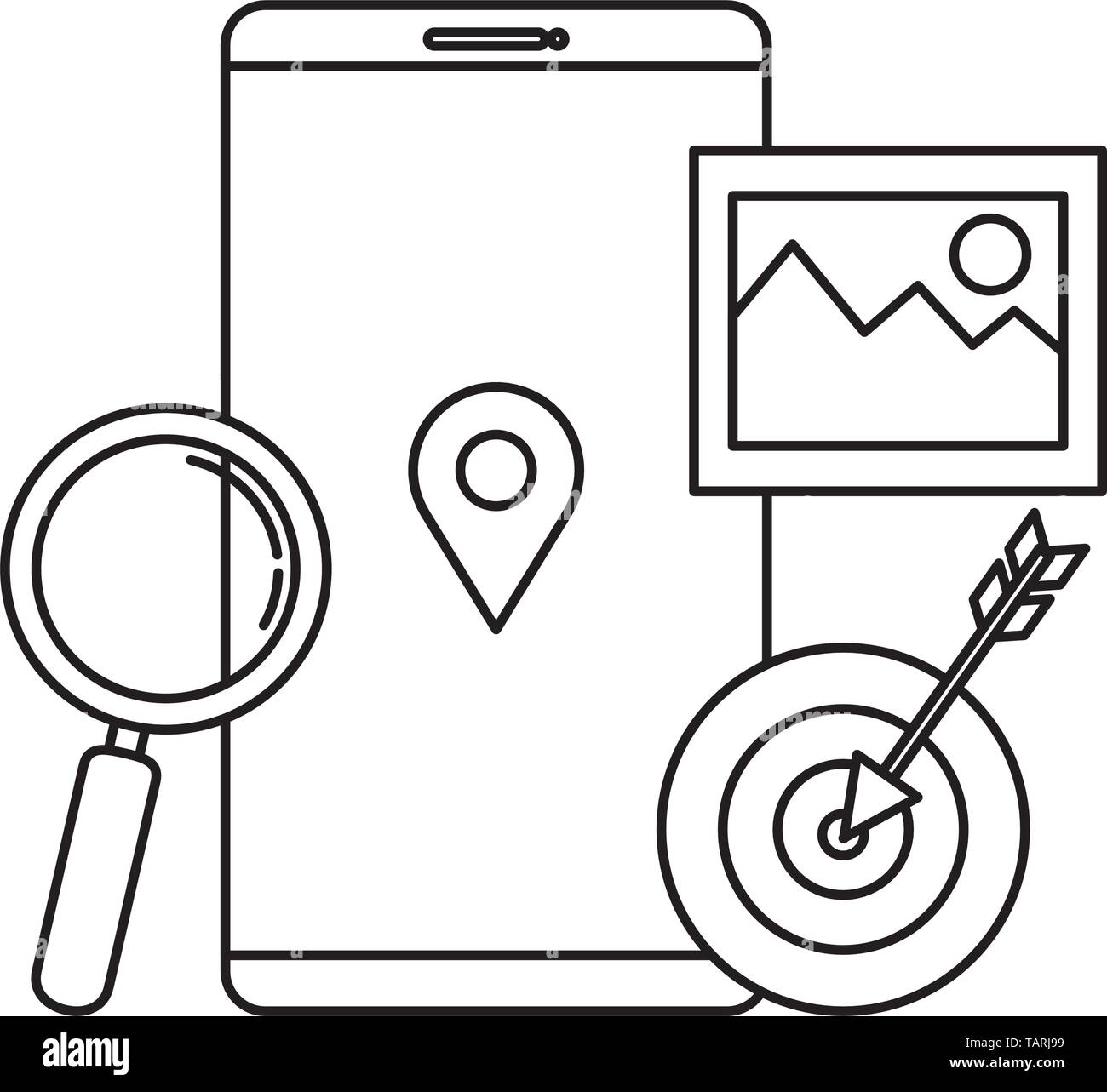 smartphone with magnifying glass and pin location Stock Vector Image ...