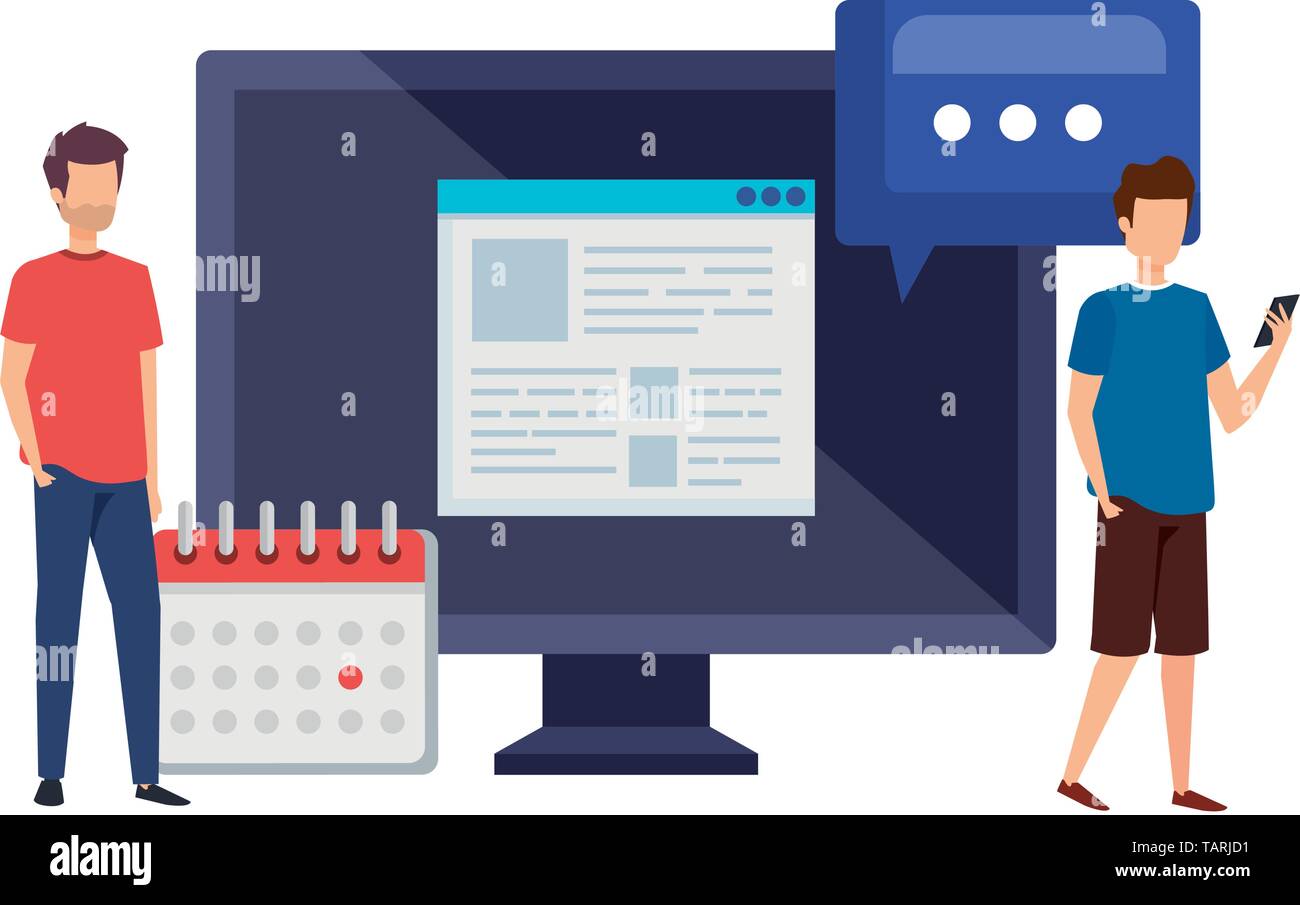 young men with desktop and calendar characters Stock Vector Image & Art ...