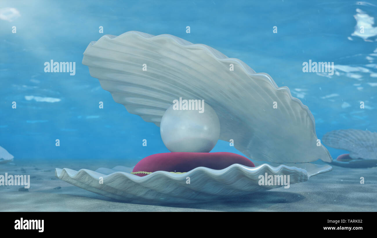 Mother of pearls underwater. Sea shell underwater with pearl inside and red velvet pillow ...