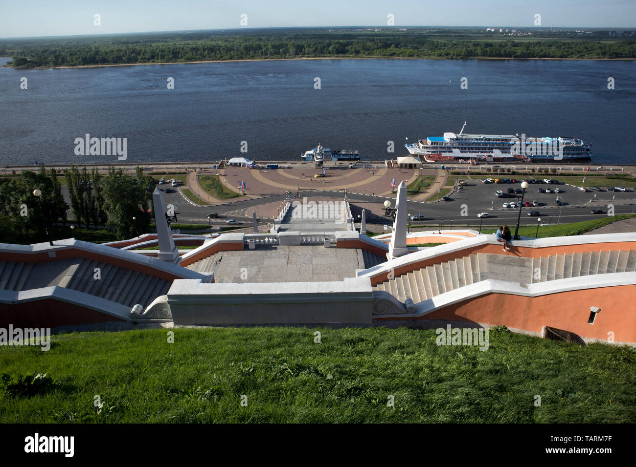 Russia, Nizhny Novgorod - May 12, 2019: Top view in the daytime at Chkalov staircase, embankment ...