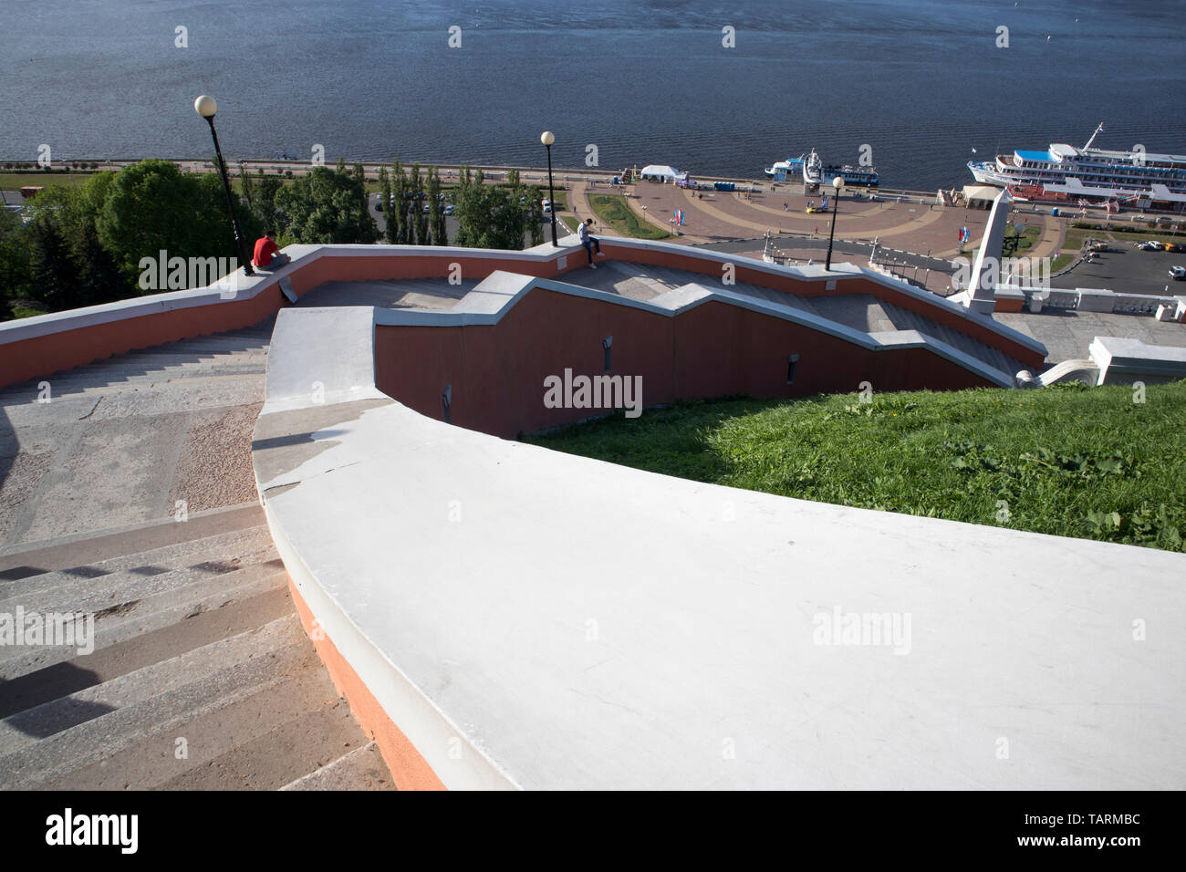 Russia, Nizhny Novgorod - May 12, 2019: Top view in the daytime at Chkalov staircase, embankment ...