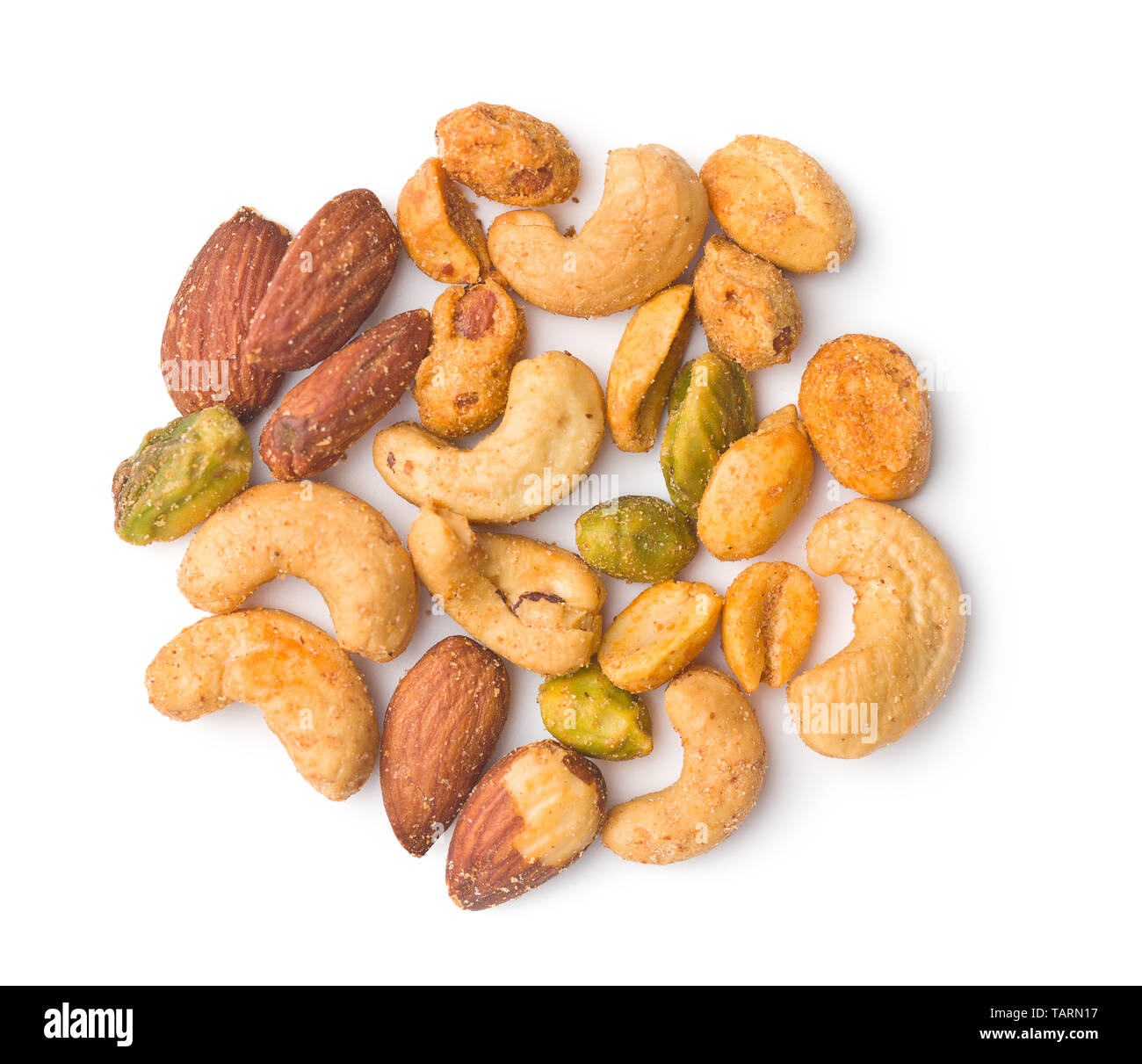 Spicy flavoured nuts. Mix of nuts isolated on white background Stock ...