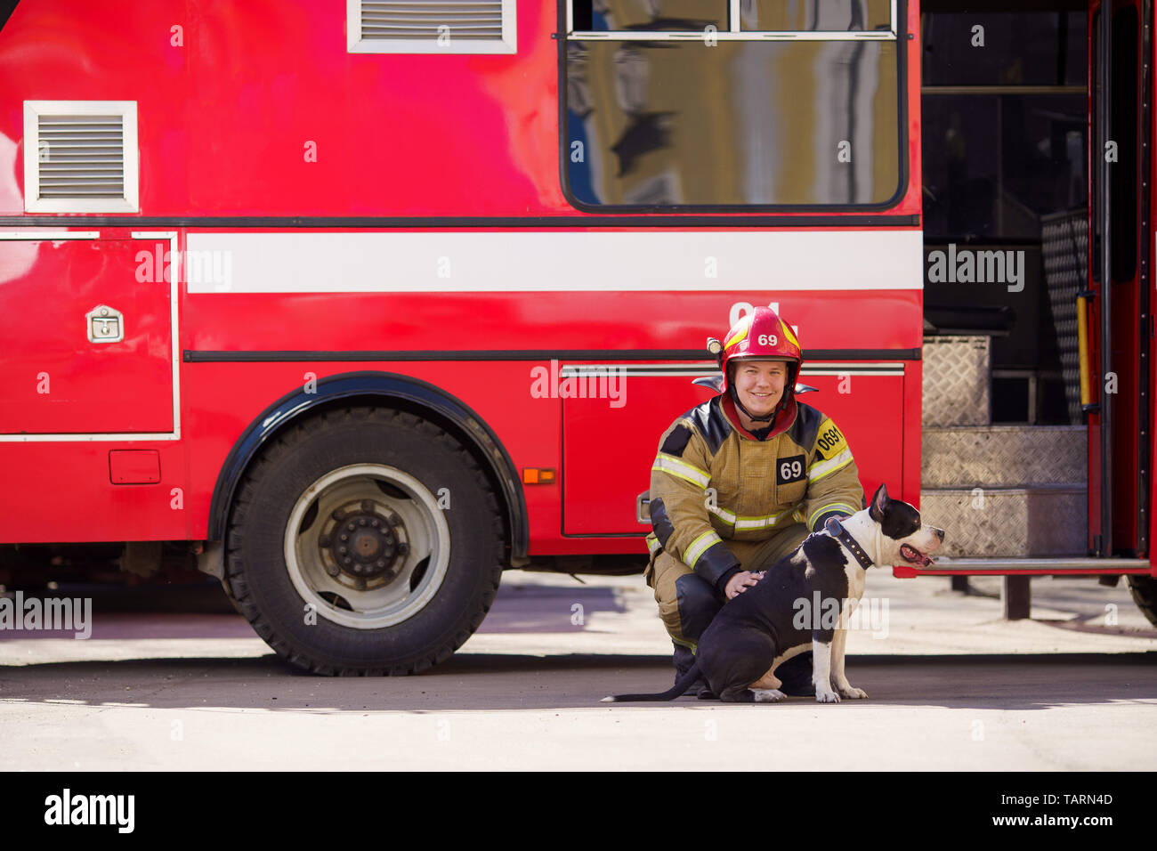 Photo of cheerful man firefighter with dog near fire truck at station ...