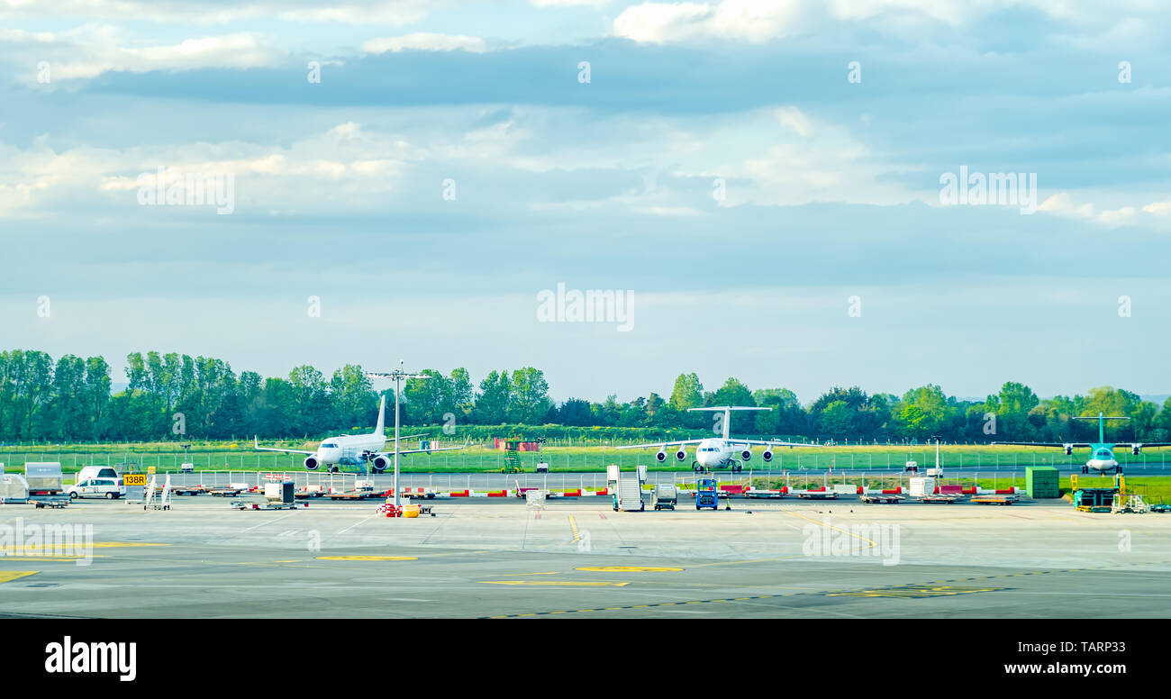 Dublin, Ireland, May 2019 Dublin airport, multiple airplanes waiting on ...