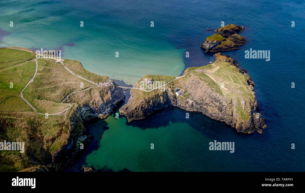 Flight over Carrick-A-Rede Rope Bridge - a famous landmark in North ...