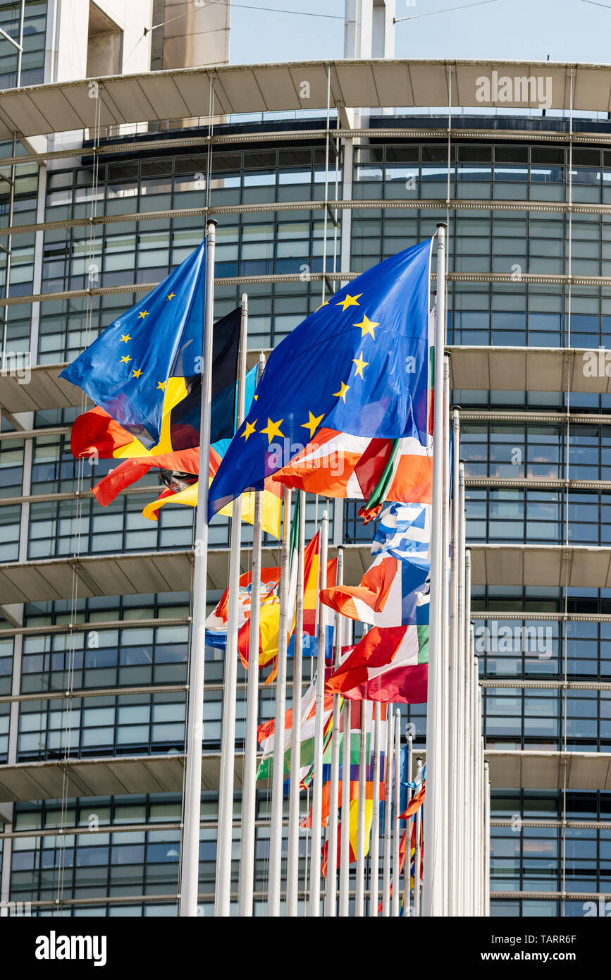 Flags of all member states of the European Union waving in calm wind in ...