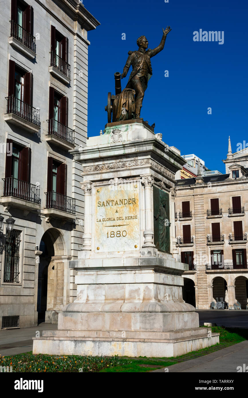 Santander, Spain. February 12, 2019. Pedro Velarde statue on Porticada ...