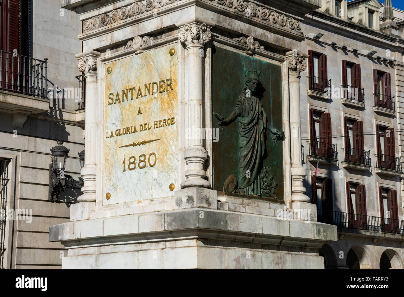 Santander, Spain. February 12, 2019. Base of Pedro Velarde statue on ...