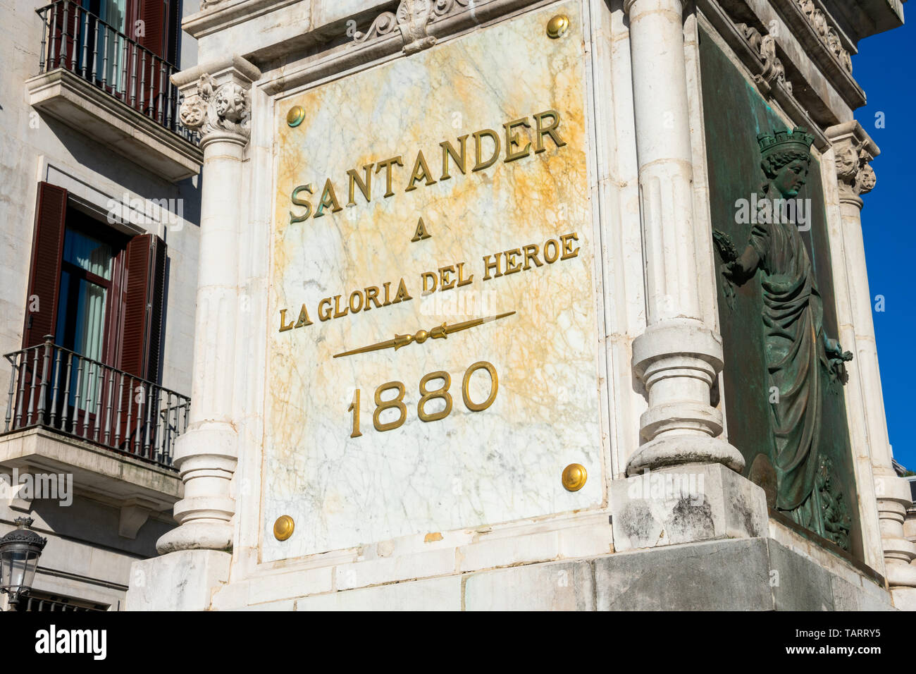 Santander, Spain. February 12, 2019. Base of Pedro Velarde statue on ...