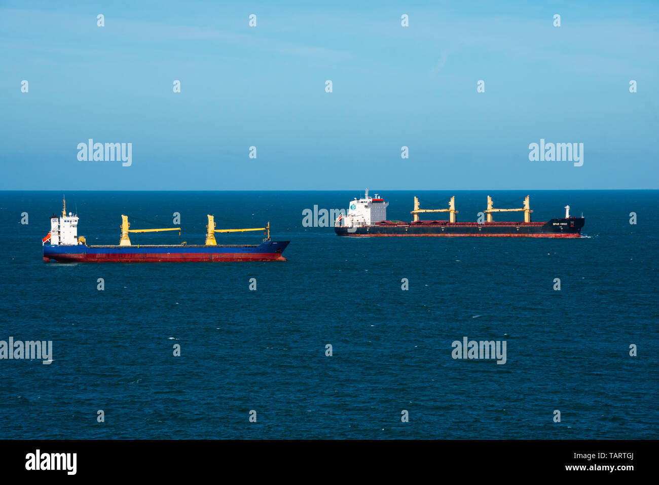 Santander, Spain. February 12, 2019. Two ships on the Cantabrian Sea ...