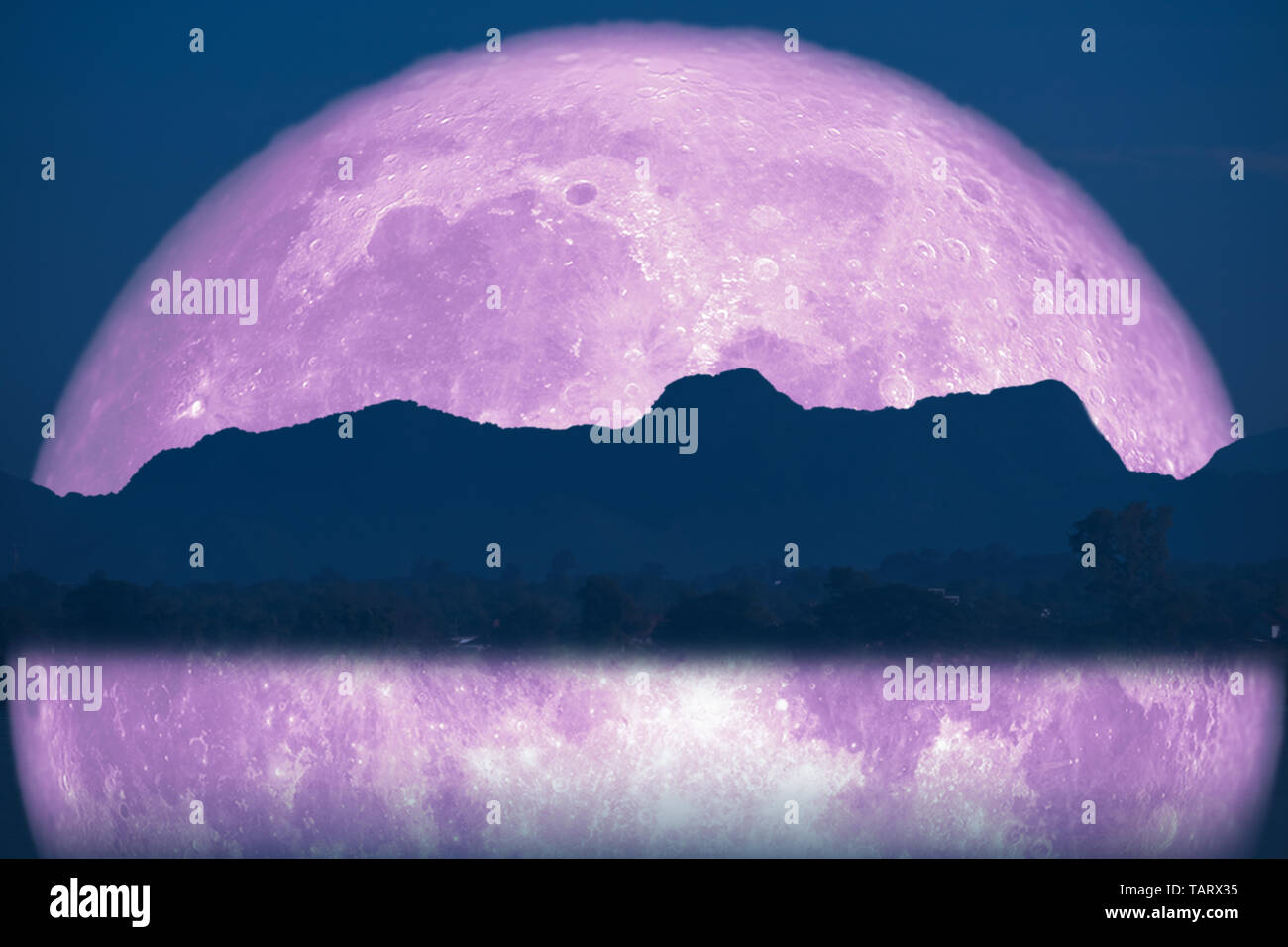 super full fish moon back reflection on river and mountain on night sky ...