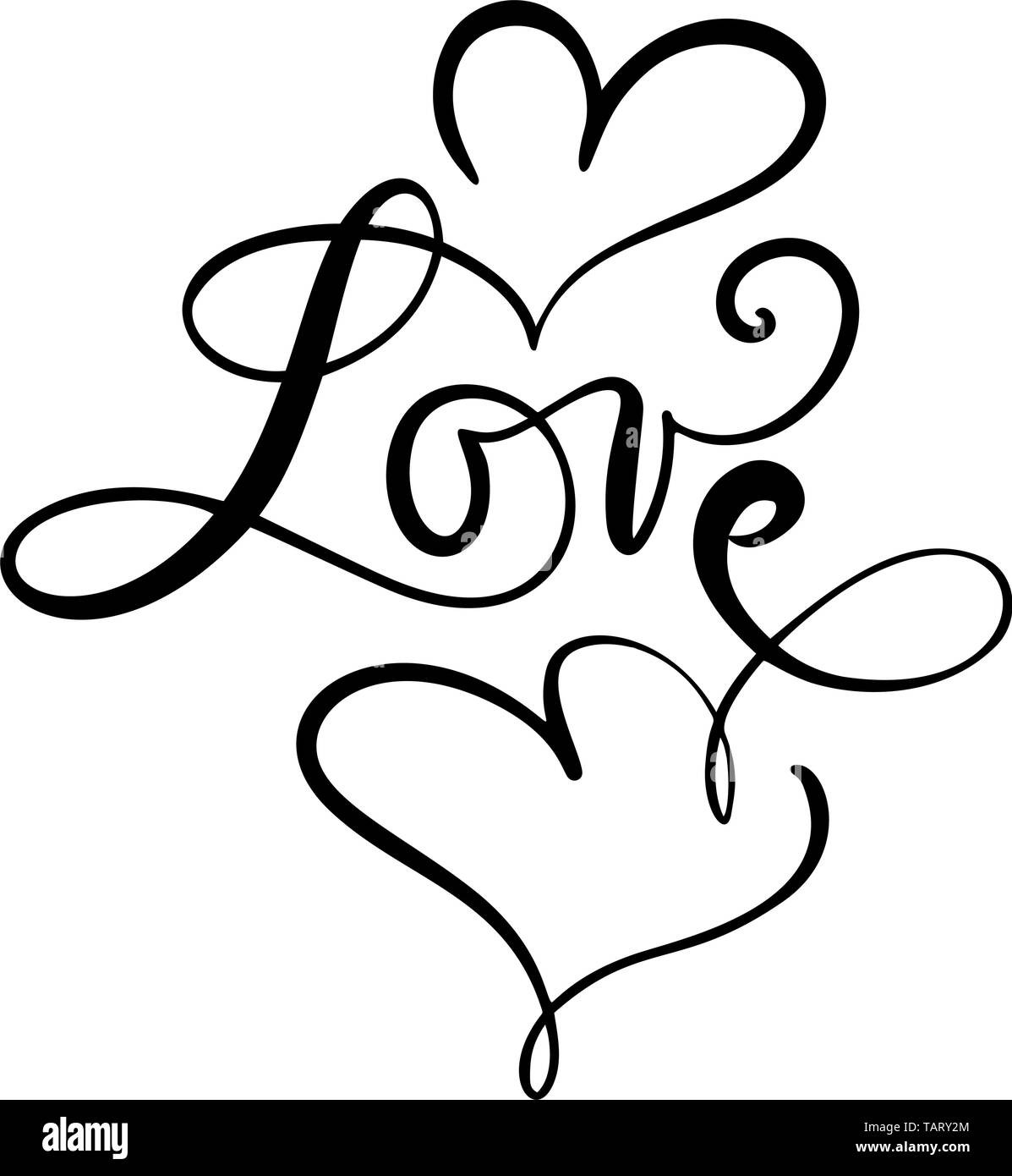 Love calligraphic vector text with romantic hearts. Handwritten ink ...