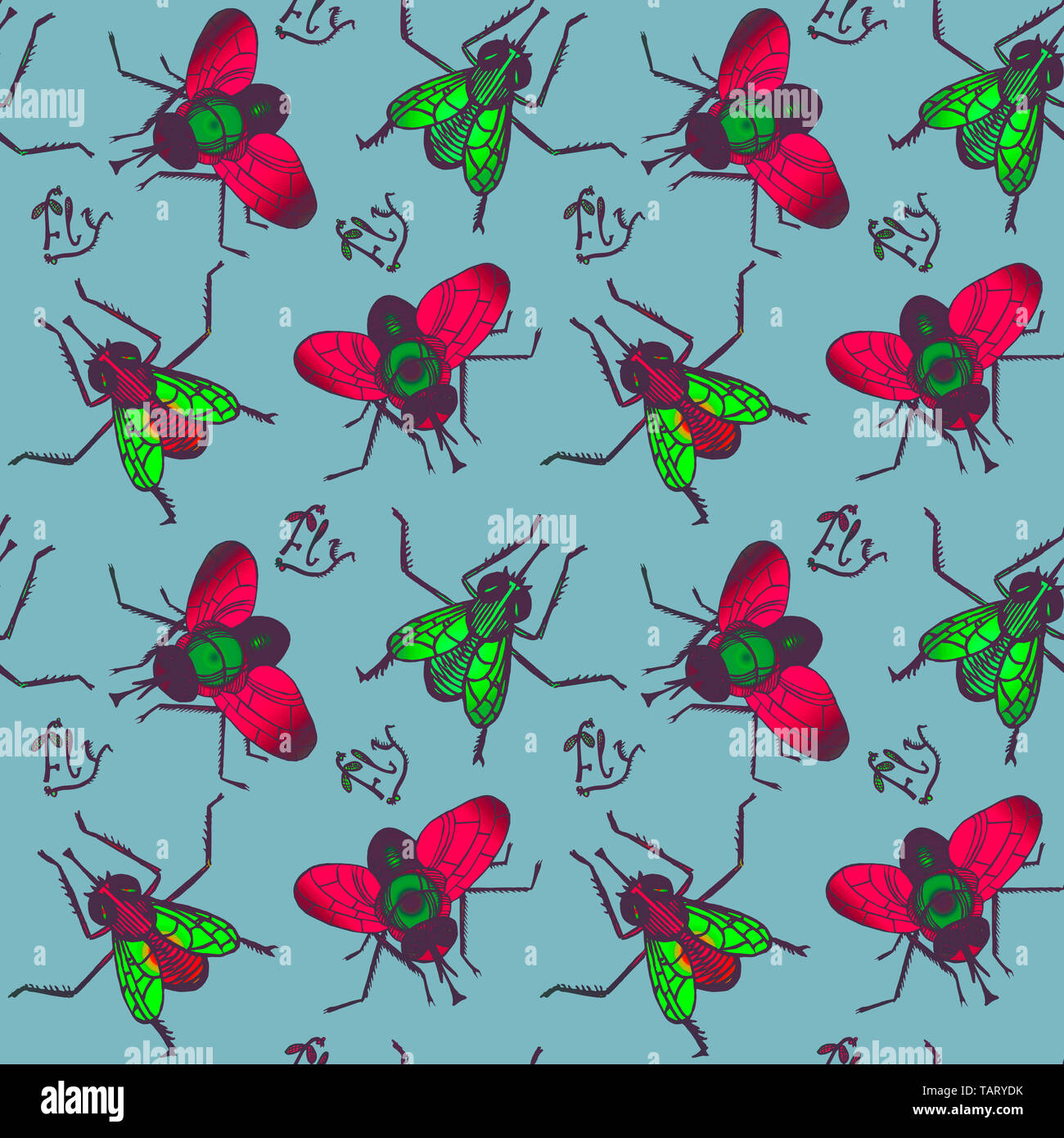 Cartoon character of red and green fly with inscription, top view, hand ...