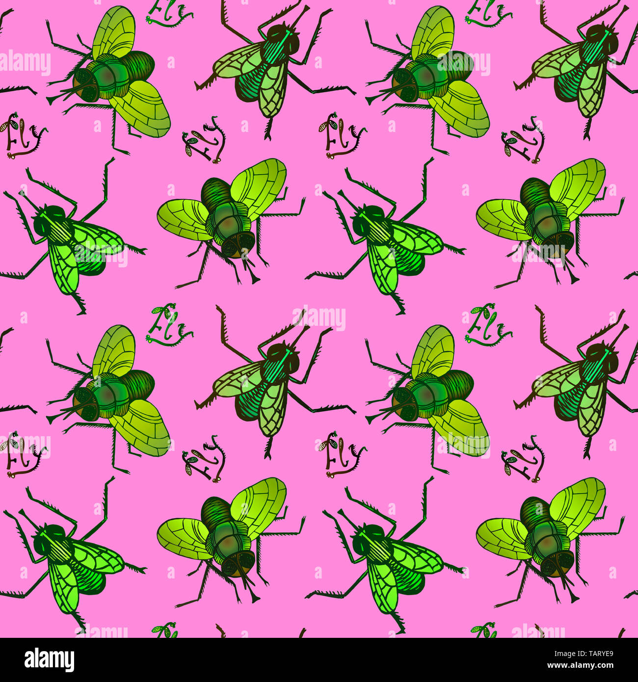 Cartoon character of green flies with inscription, top view, hand drawn ...